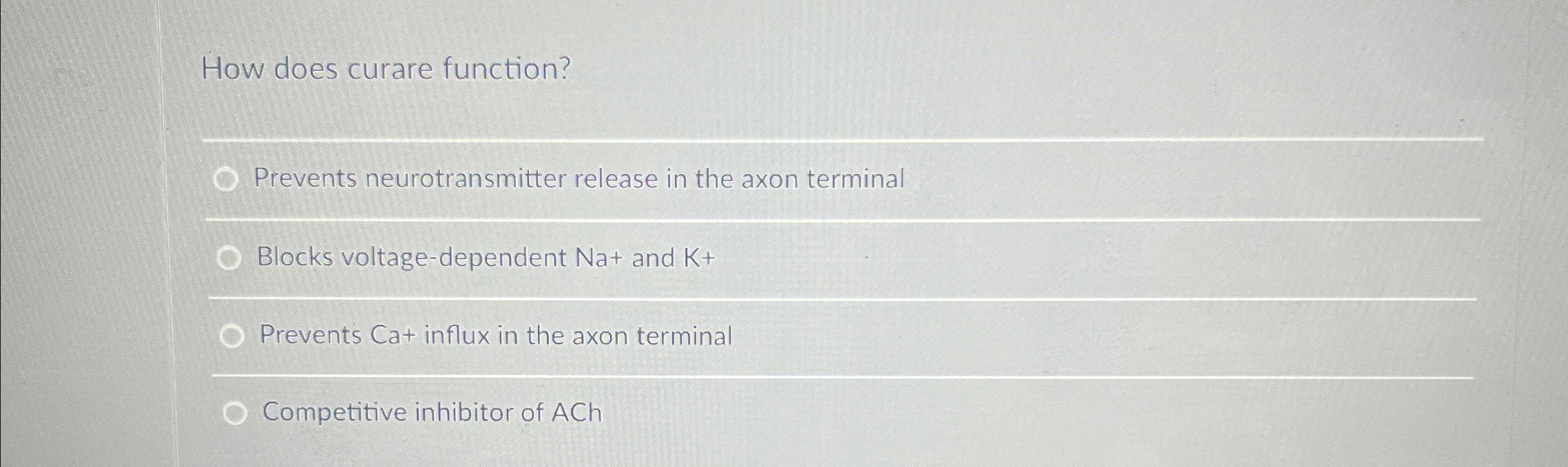 Solved How does curare function?q,Prevents neurotransmitter | Chegg.com
