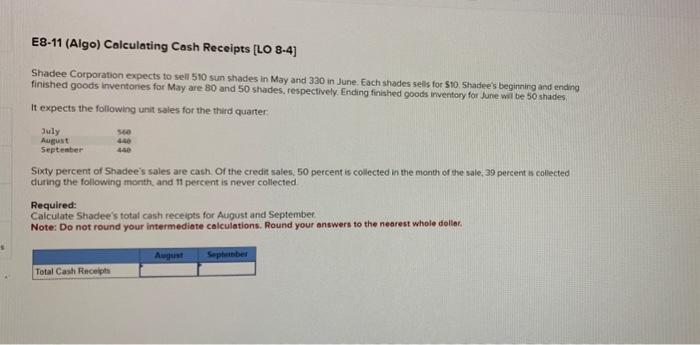 Solved E8-11 (Algo) Calculating Cash Receipts [LO 8-4] | Chegg.com