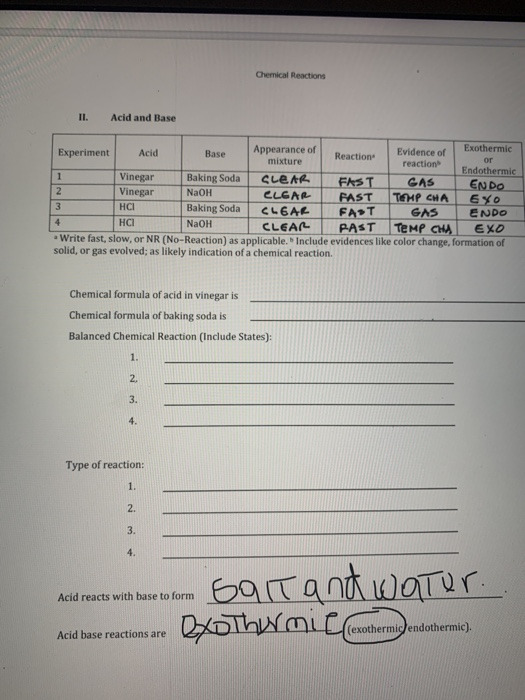 Solved Chemical Reactions II. Acid and Base Experiment Acid | Chegg.com