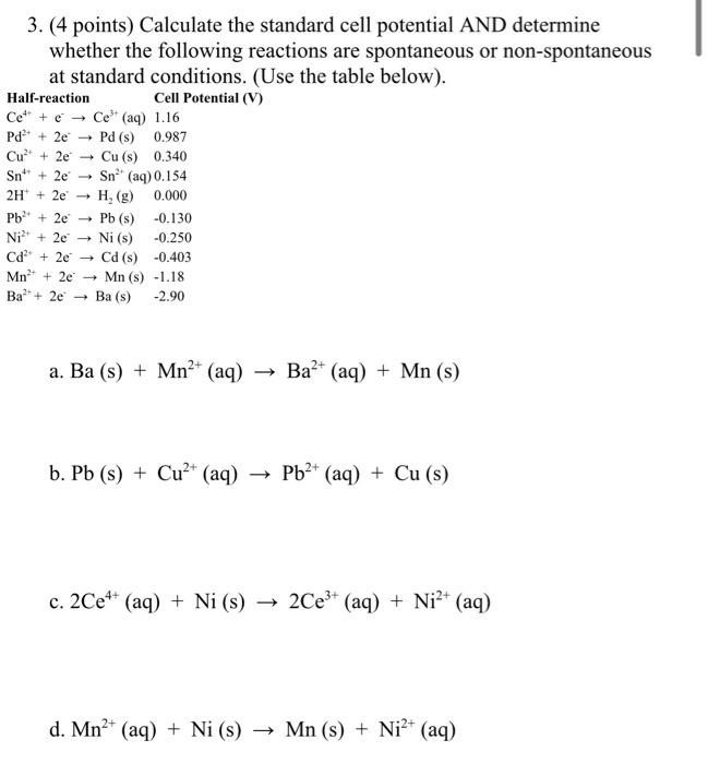 Solved 3 4 Points Calculate The Standard Cell Potential