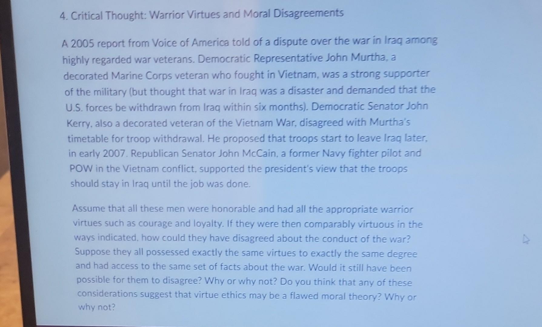 Solved 4. Critical Thought: Warrior Virtues and Moral | Chegg.com