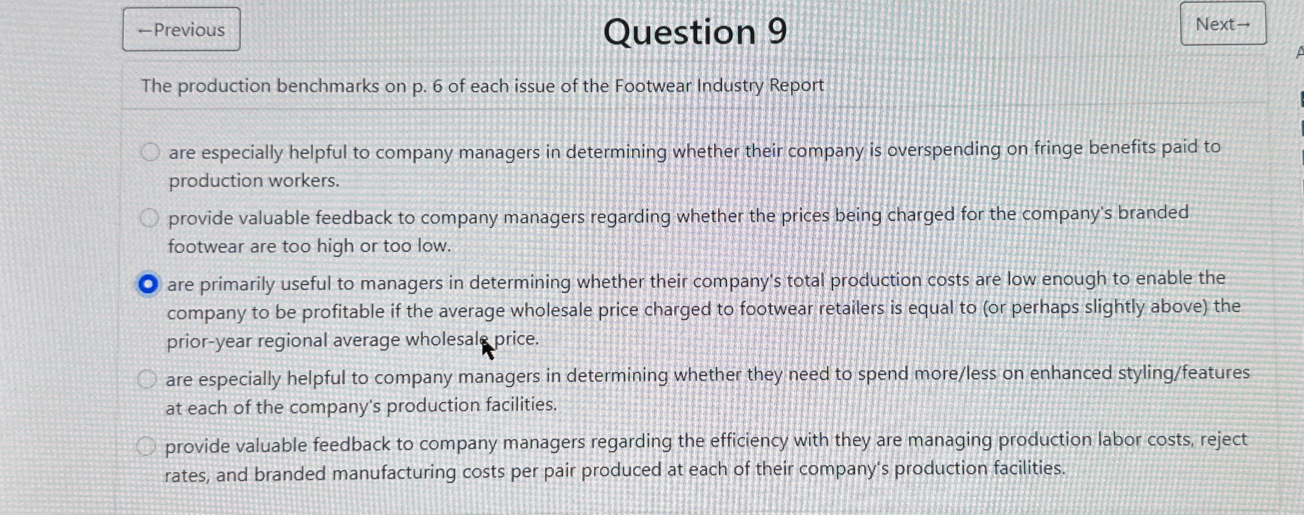 Solved Question 9Next →The production benchmarks on p. 6 ﻿of | Chegg.com