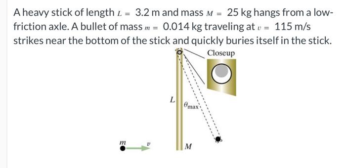 Solved A heavy stick of length L=3.2 m and mass M=25 kg | Chegg.com