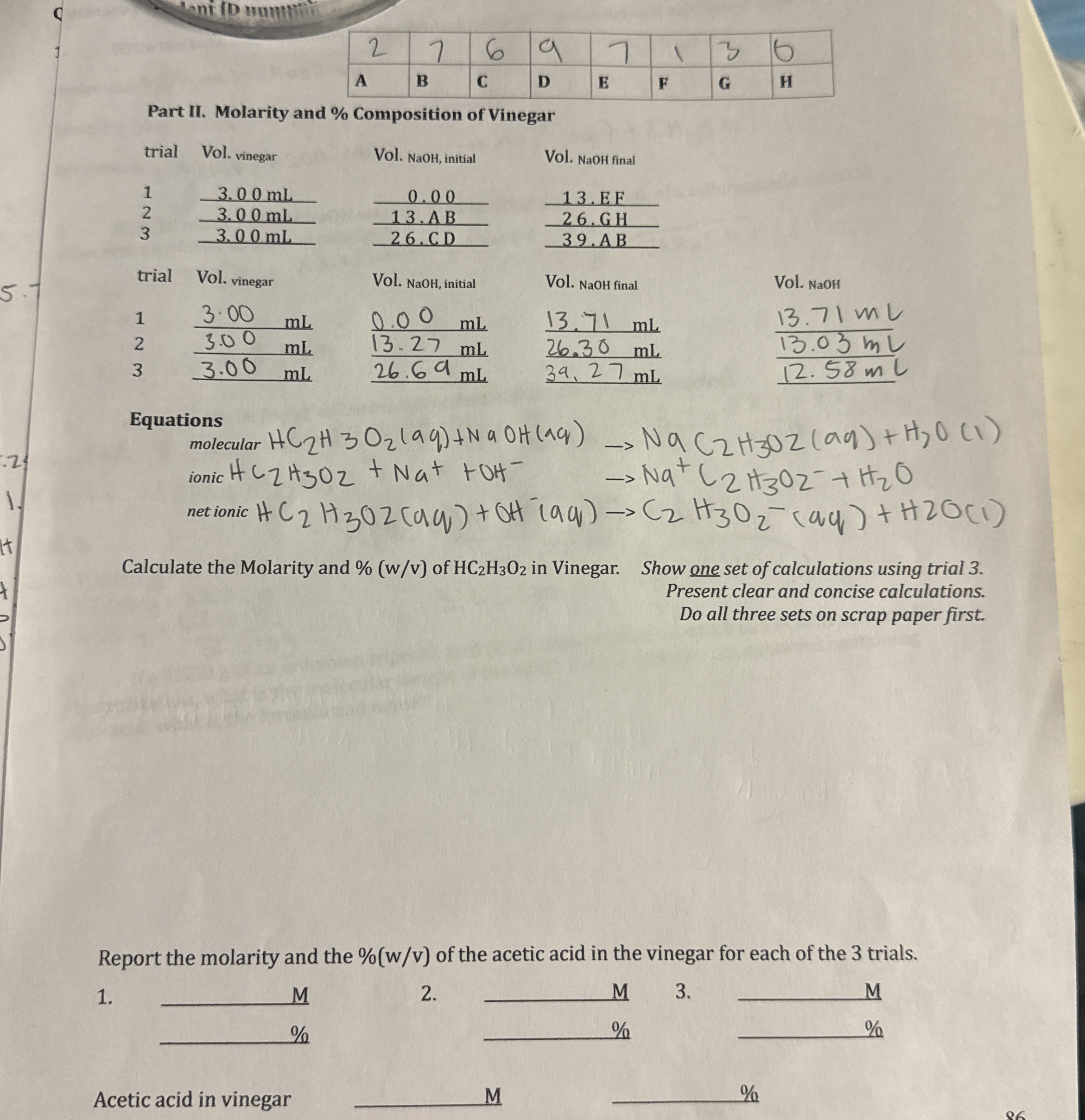 Calculate the amolarity and % (w/v) ﻿of HC2H3O2 ﻿in | Chegg.com