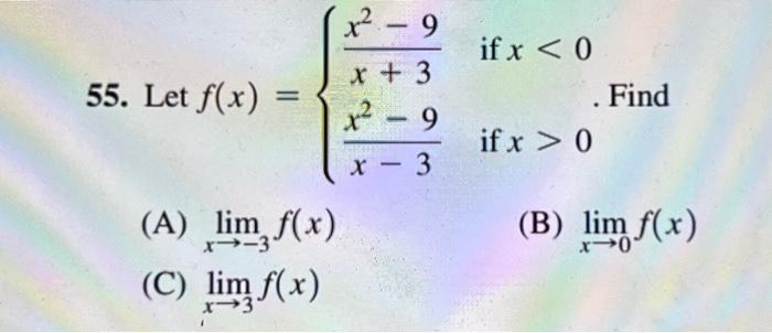 Solved 55. Let f(x) = (A) lim f(x) (C) lim f(x) x 1²-9 x + 3 | Chegg.com