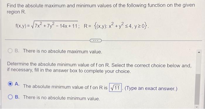 Solved Find the absolute maximum and minimum values of the | Chegg.com