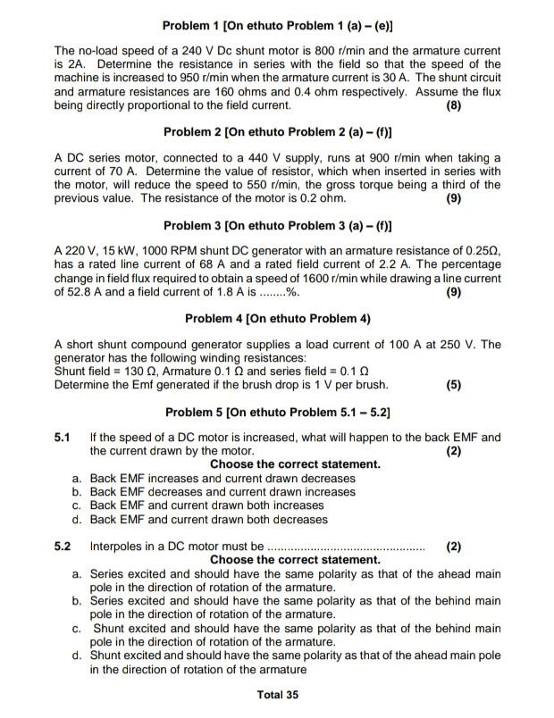 Solved Problem 1 [On ethuto Problem 1 (a) -(e)] The no-load | Chegg.com