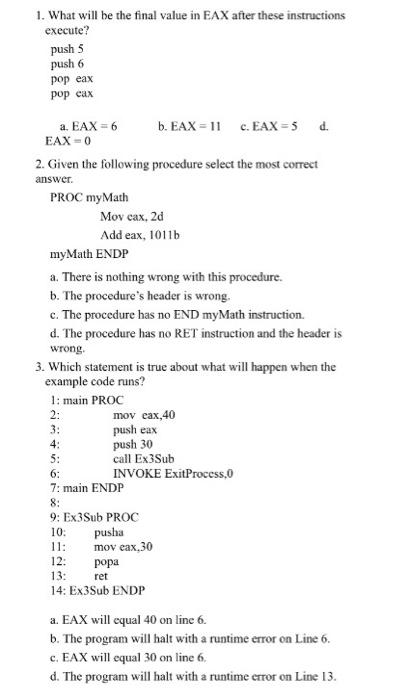 Solved 1. What will be the final value in EAX after these | Chegg.com