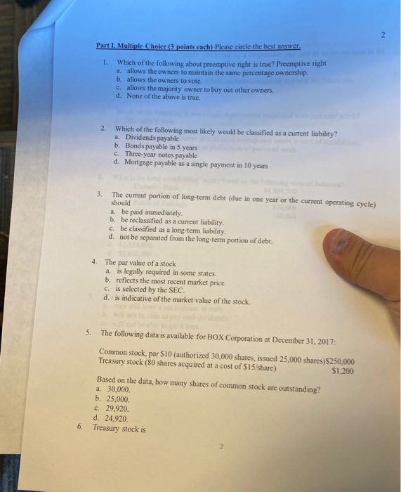Solved Part I. Multiple Choice (3 points each) Please circle | Chegg.com