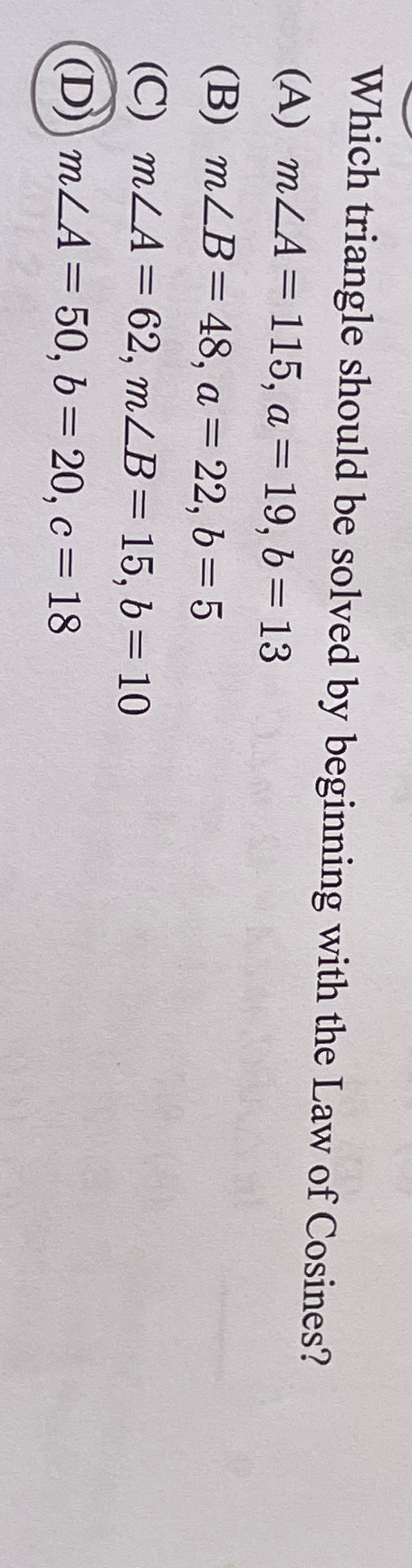 Solved Which triangle should be solved by beginning with the | Chegg.com