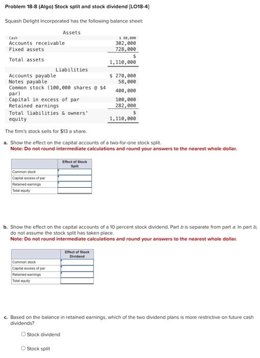 Solved Problem 18-8 (Algo) Stock split and stock dividend | Chegg.com