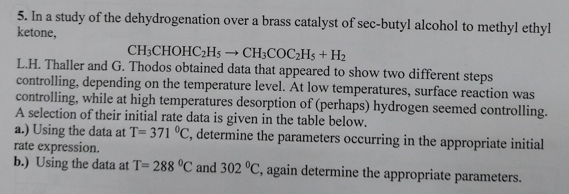 Solved 5. In a study of the dehydrogenation over a brass | Chegg.com