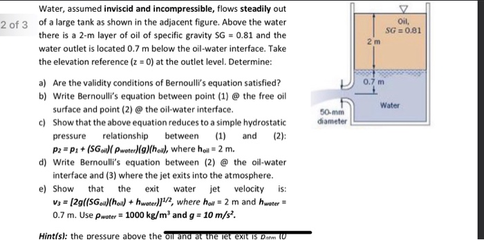 Solved 2 of 3 Water, assumed inviscid and incompressible, | Chegg.com