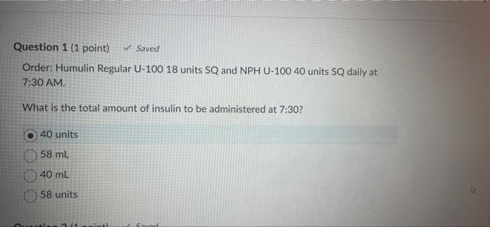 Solved Order: Humulin Regular U-100 18 units SQ and NPH | Chegg.com