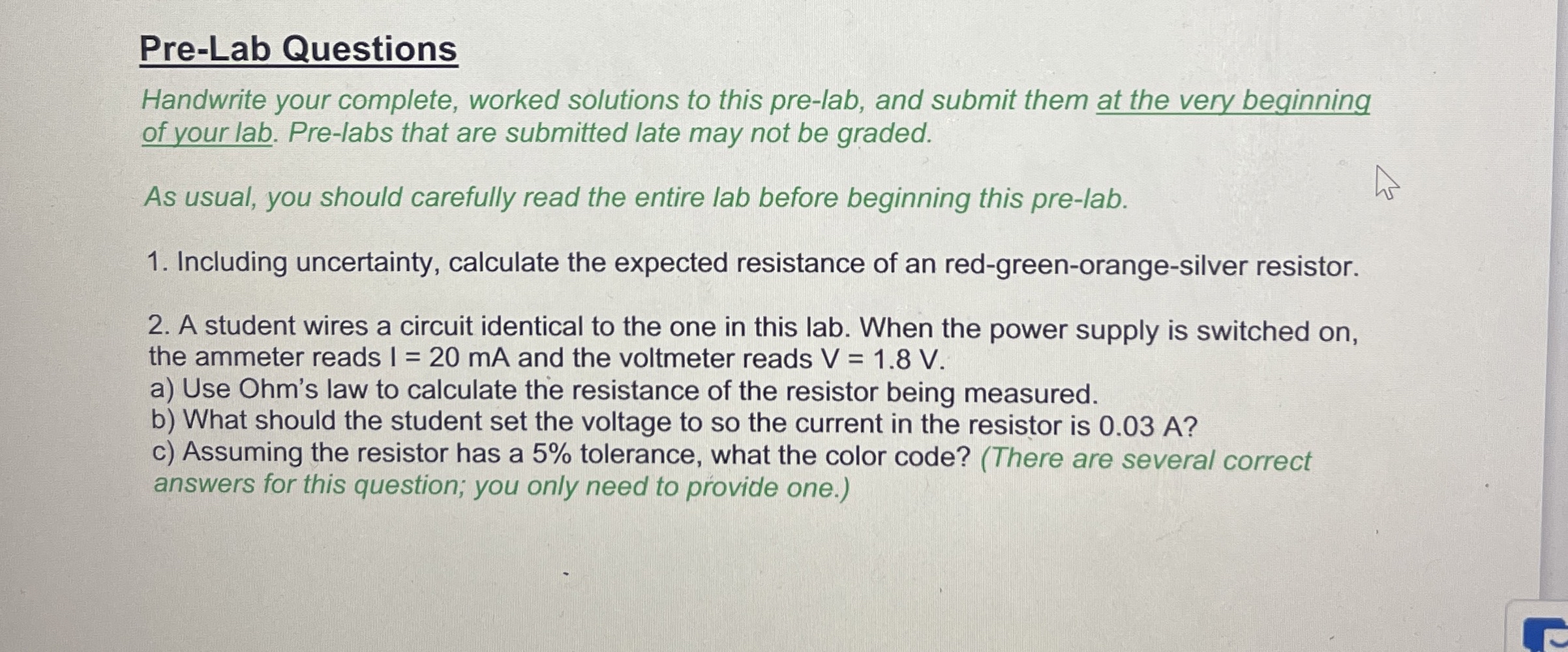 Solved Pre-Lab QuestionsHandwrite your complete, worked | Chegg.com