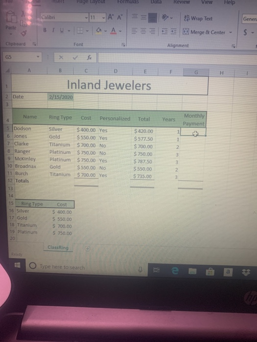 Solved insert a function in cell g5 to calculate the first | Chegg.com