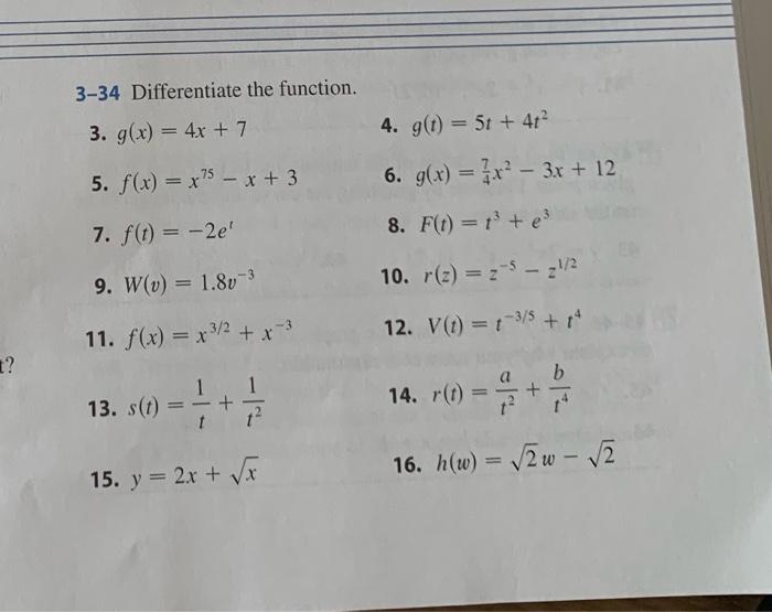 Solved 3-34 Differentiate the function. 3. g(x) = 4x + 7 4. | Chegg.com