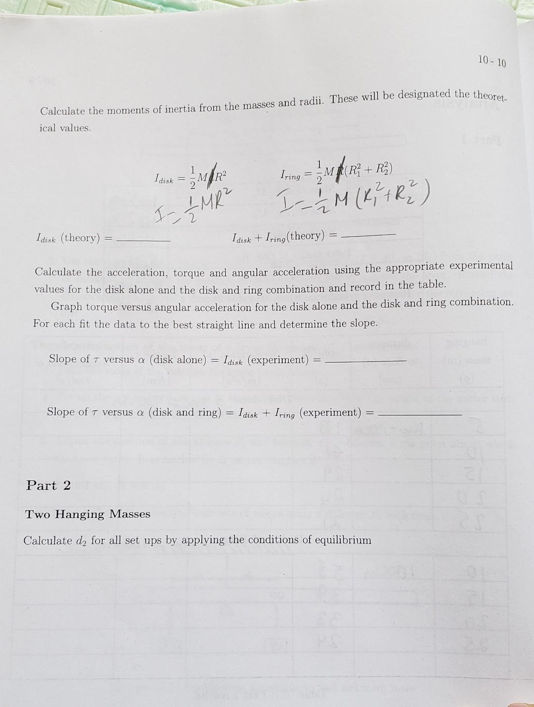 Lab 10 Moment of Inertia for Disk and Ring and | Chegg.com