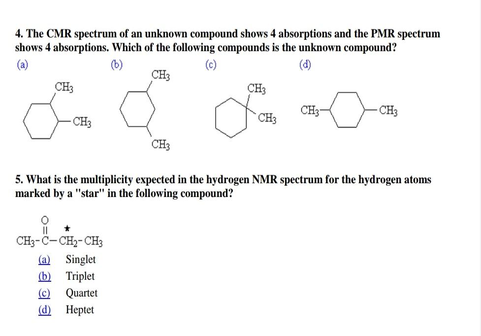 Solved 4. The CMR spectrum of an unknown compound shows 4 | Chegg.com
