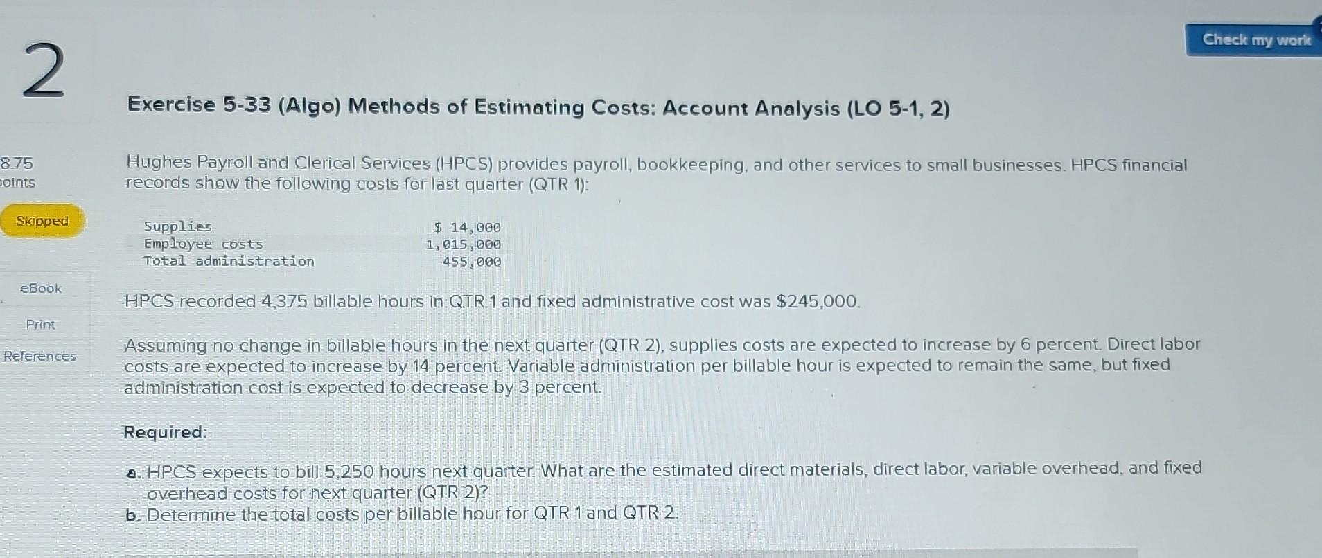 Solved Exercise 5-33 (Algo) Methods of Estimating Costs: | Chegg.com