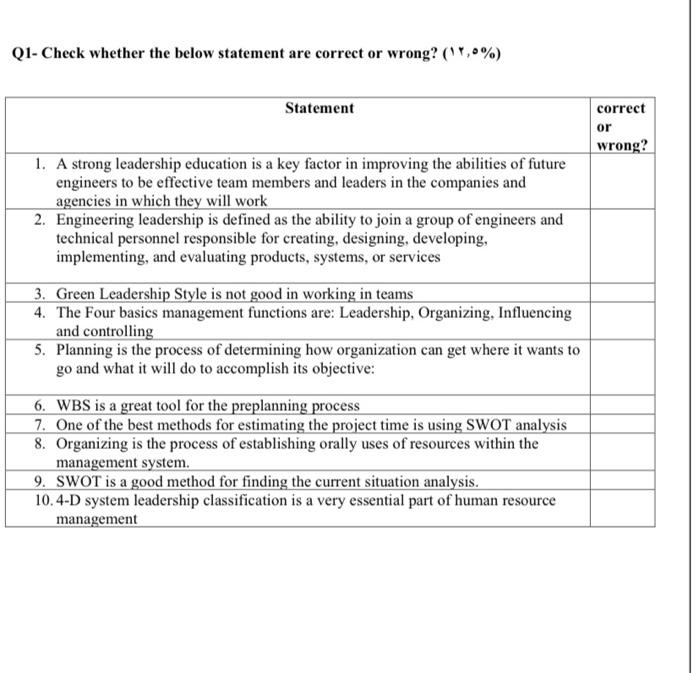 Q1- Check whether the below statement are correct or | Chegg.com