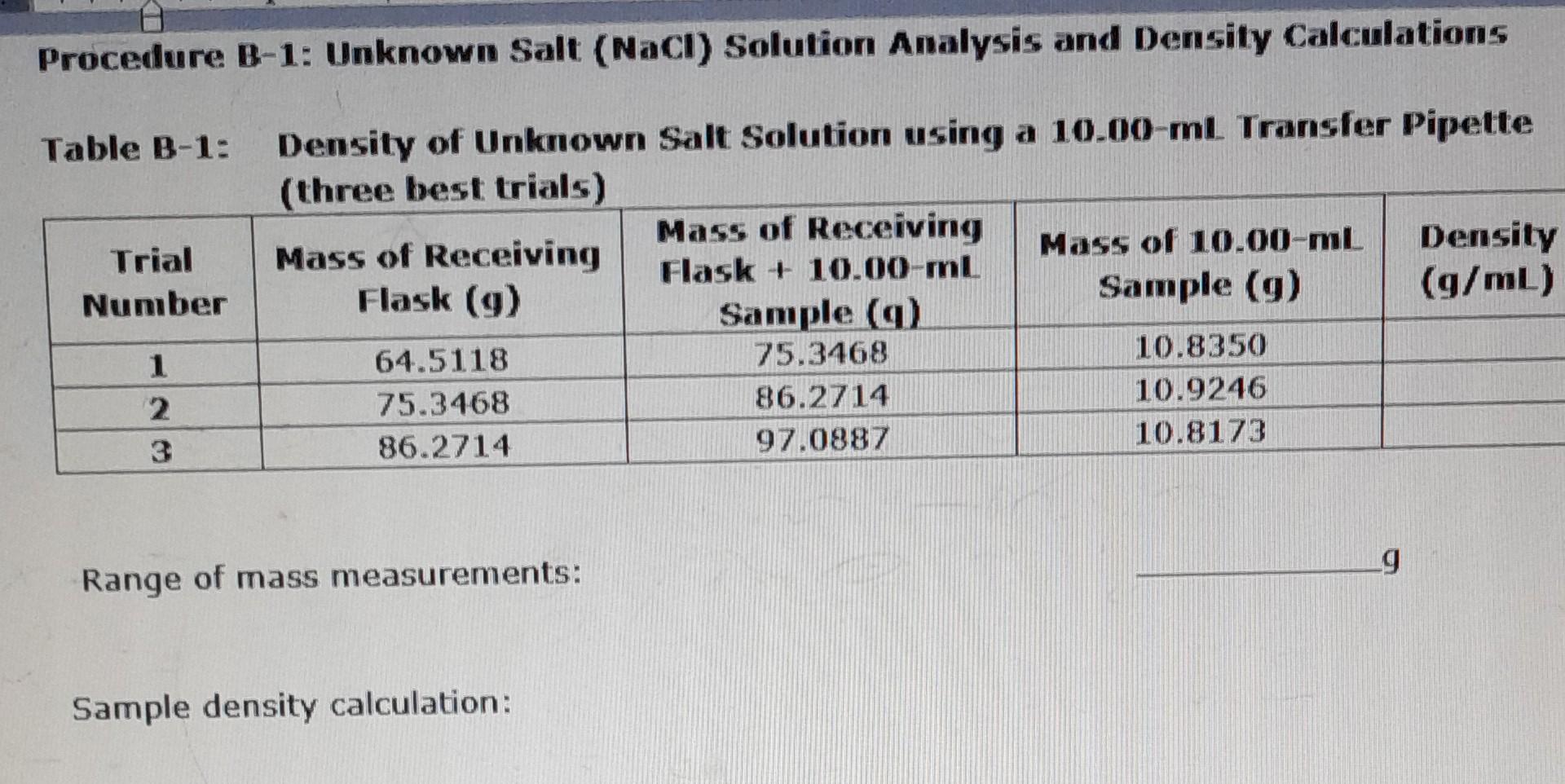 Solved Procedure B-1: Unknown Salt (NaCl) Solution Analysis | Chegg.com