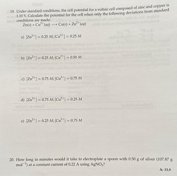 Solved 19. Under standard conditions, the cell potential for | Chegg.com