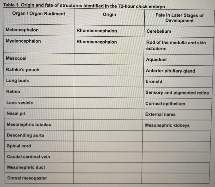Solved Table 1. Origin and fate of structures identified in | Chegg.com