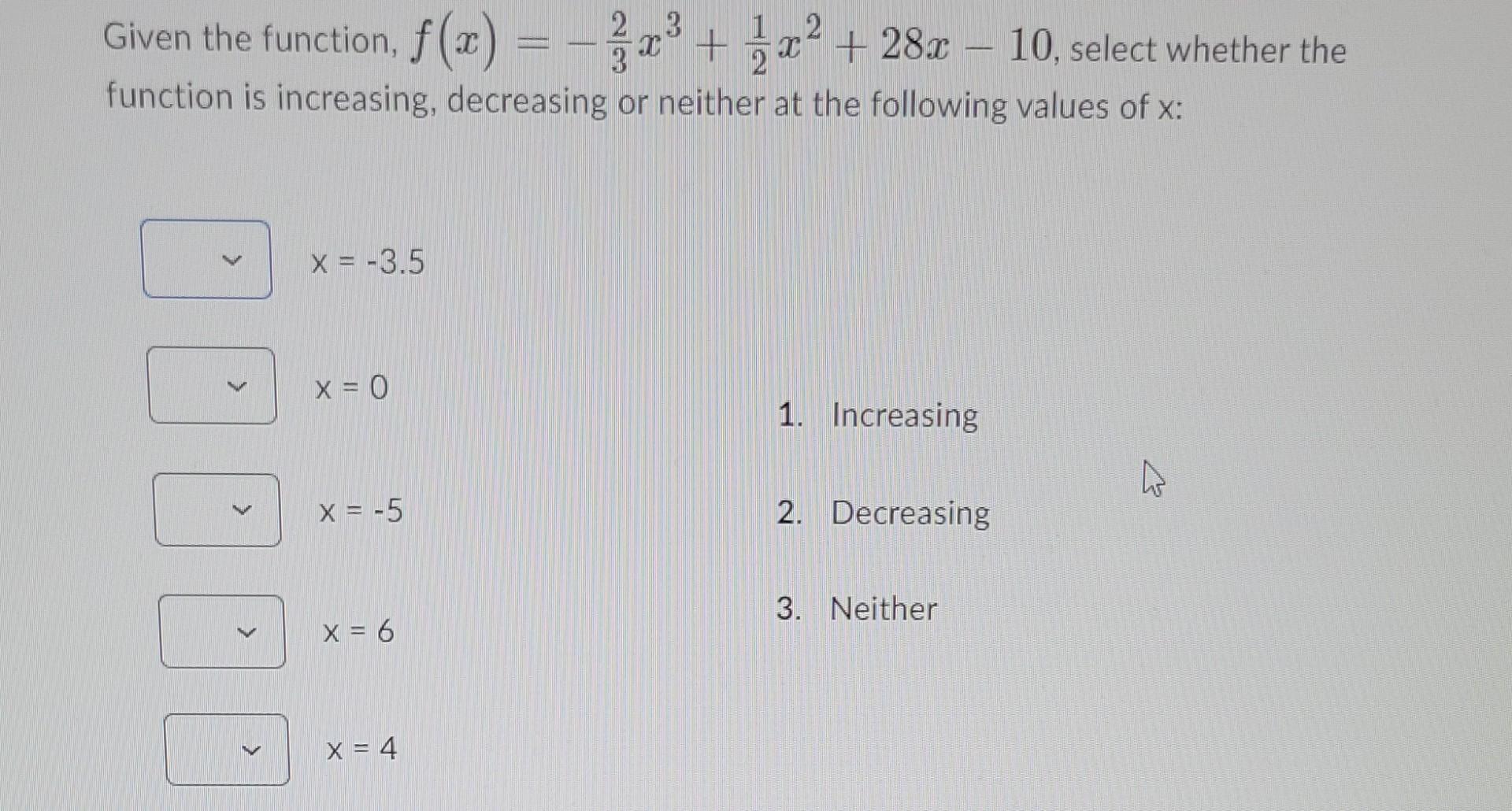Solved Given the function, f(x)=−32x3+21x2+28x−10, select | Chegg.com