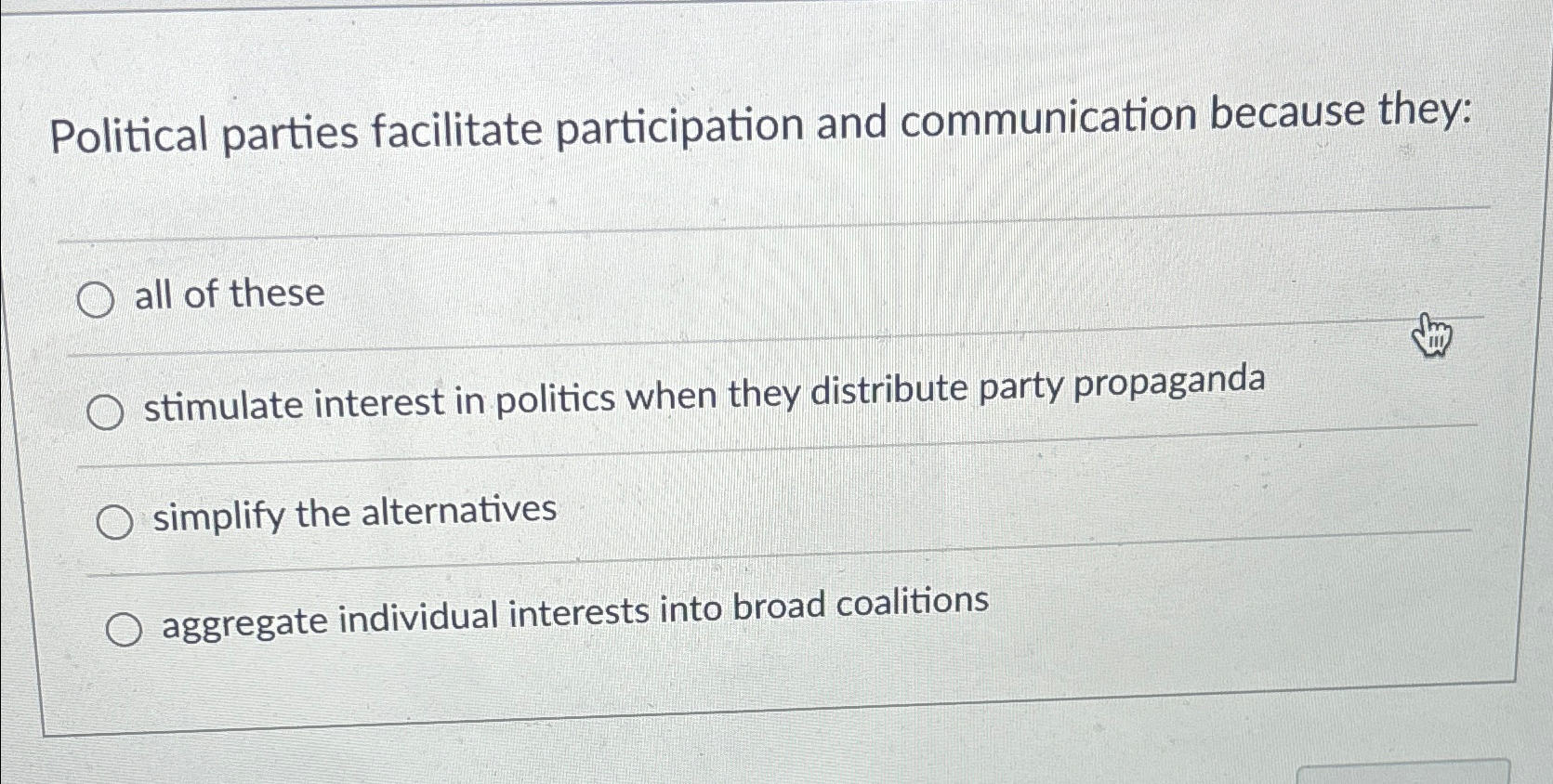 Solved Political parties facilitate participation and | Chegg.com