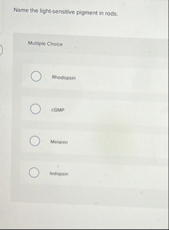 Solved Name the light-sensitive pigment in rods.Multiple | Chegg.com
