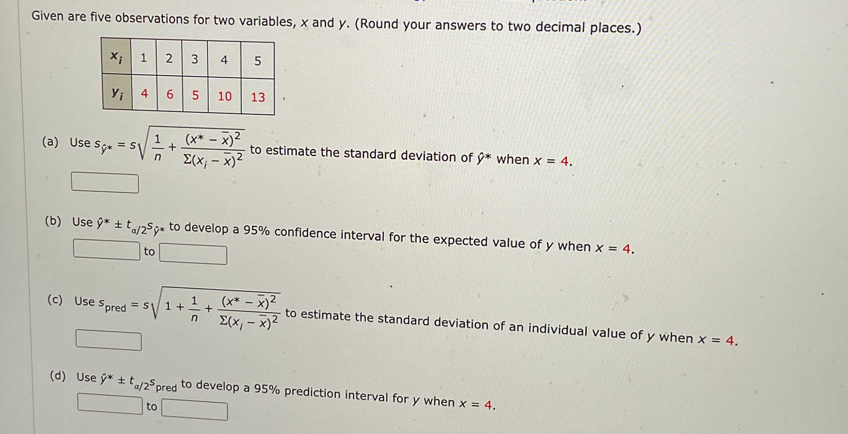 Solved Given are five observations for two variables, x ﻿and | Chegg.com