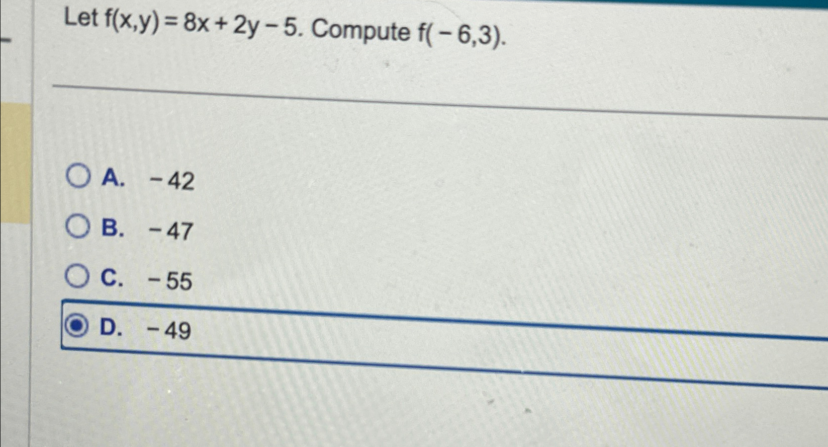 Solved Let f(x,y)=8x+2y-5. ﻿Compute | Chegg.com