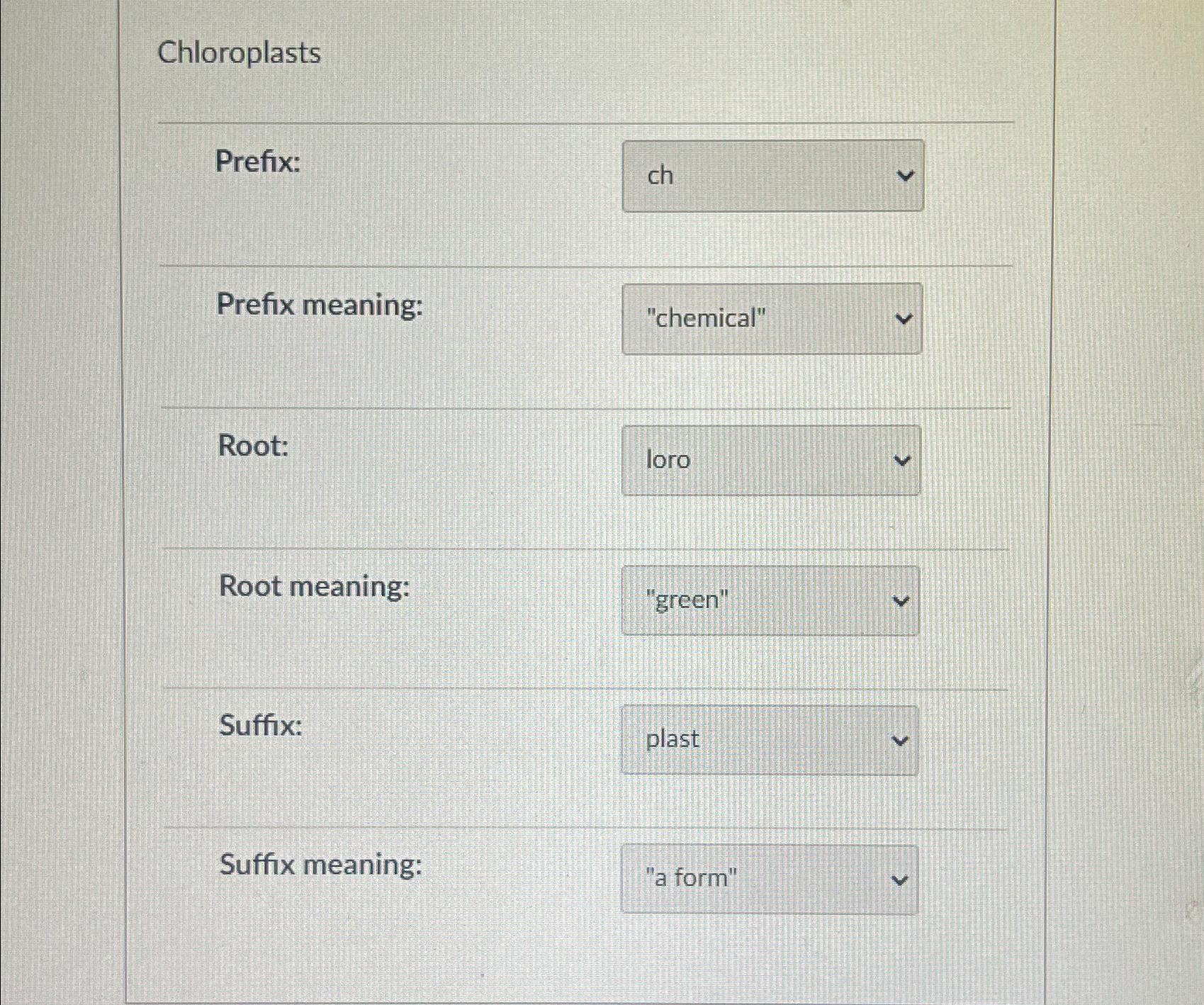 Solved ChloroplastsPrefix:Prefix meaning:Root:Root | Chegg.com