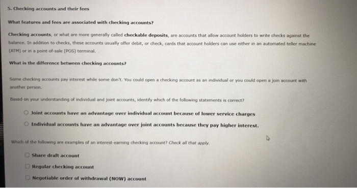 Solved 5. Checking accounts and their fees What features and | Chegg.com