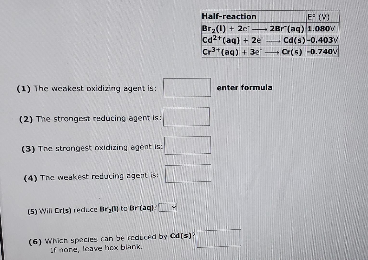 Solved (2) The strongest reducing agent is: (3) The | Chegg.com