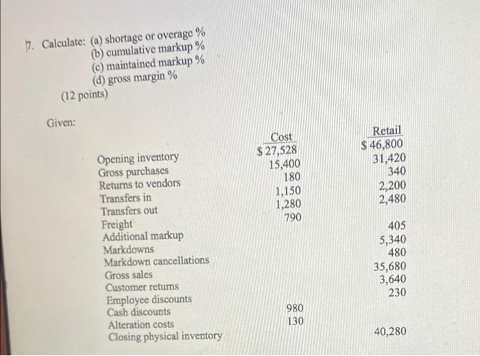 Solved 17. Calculate: (a) shortage or overage % (6) | Chegg.com