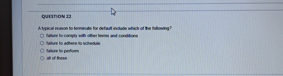 Solved QUESTION 22A typical reason to terminate for default | Chegg.com