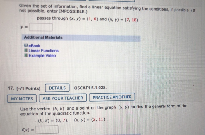 Solved Given the set of information, find a linear equation | Chegg.com