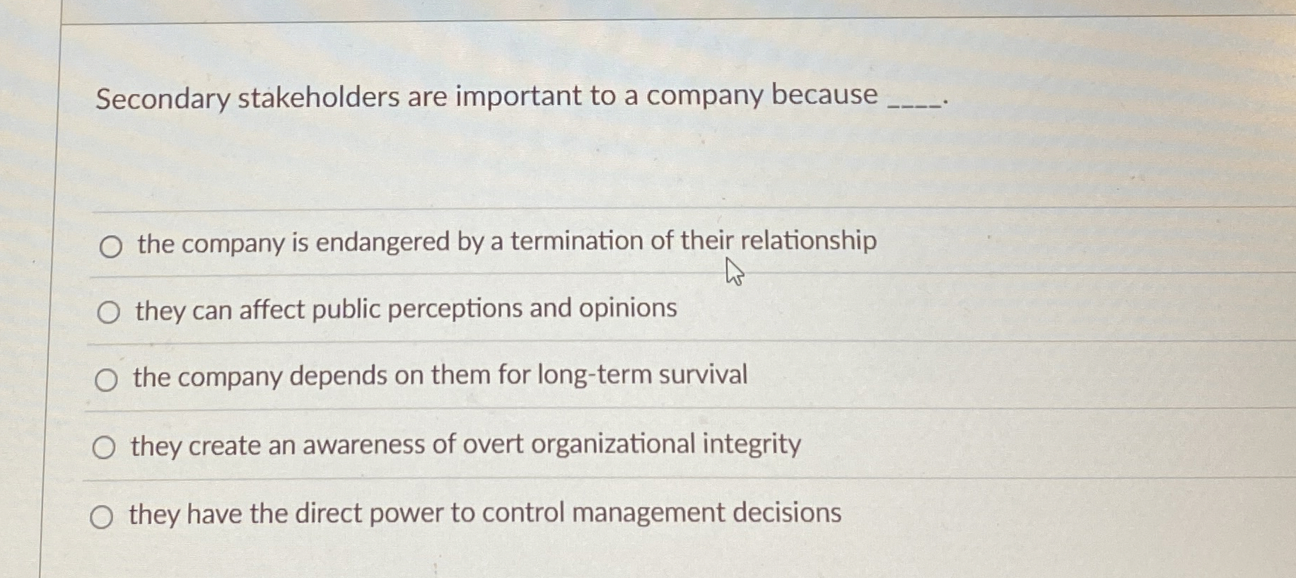 Solved Secondary stakeholders are important to a company | Chegg.com