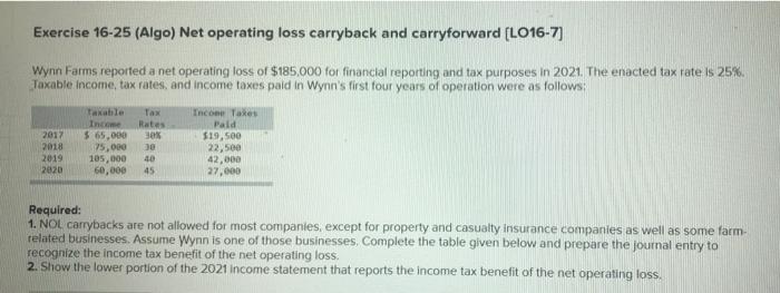 Solved Exercise 16-25 (Algo) Net operating loss carryback | Chegg.com