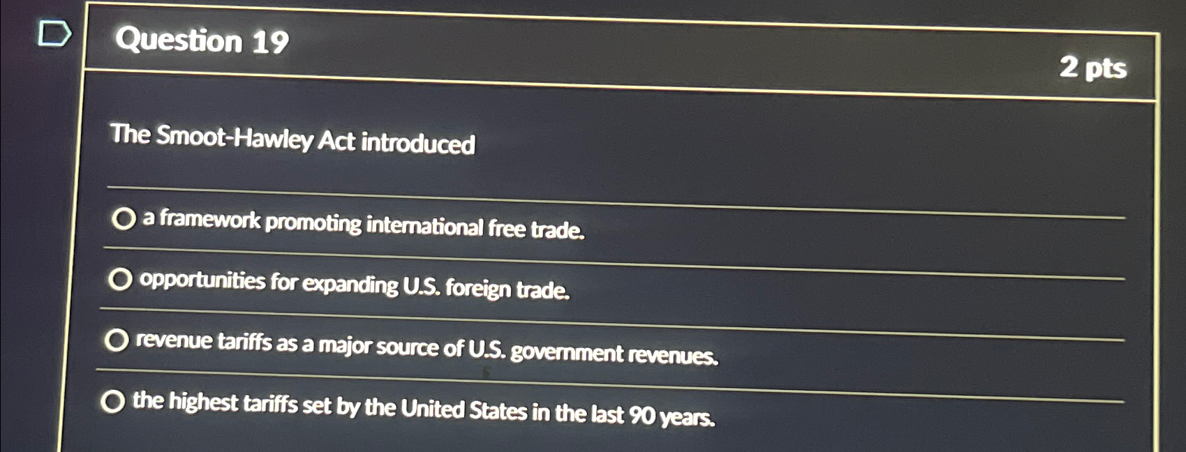 Solved Question 192 ﻿ptsThe Smoot-Hawley Act introduceda | Chegg.com