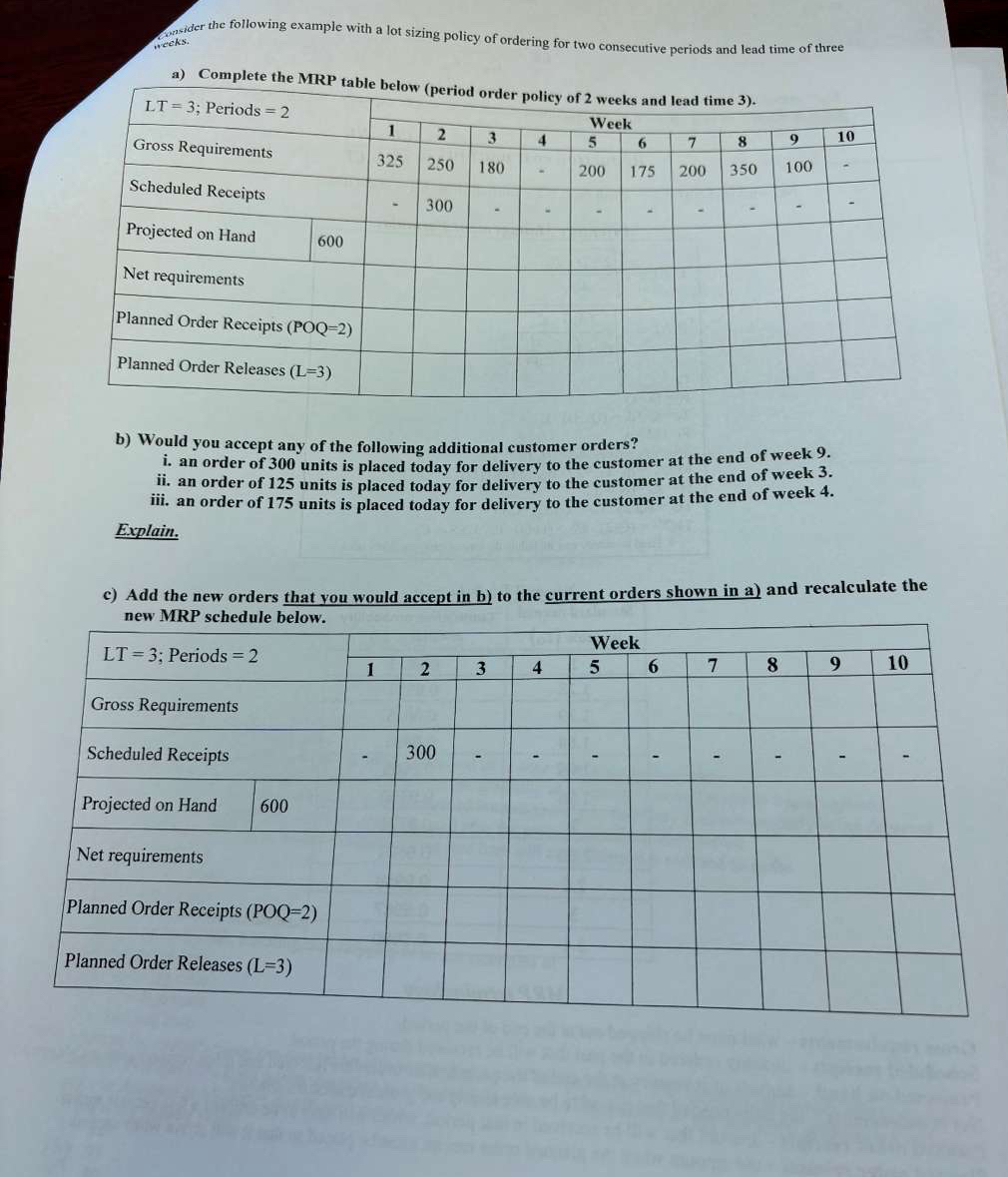 Solved a) ﻿Complete the MIRP table below (period order | Chegg.com