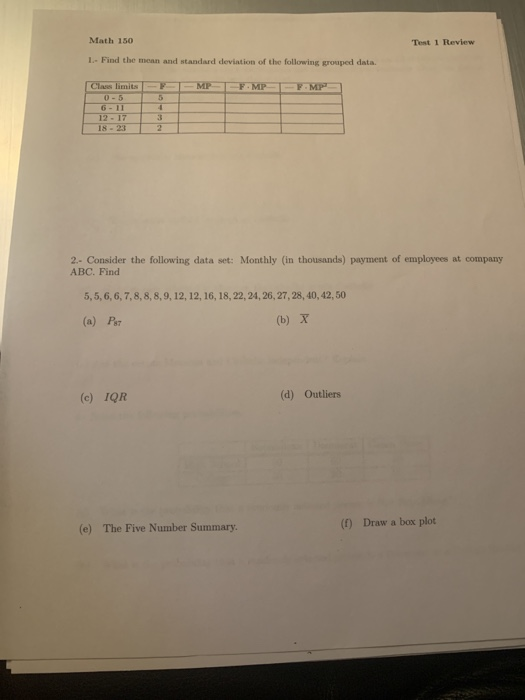 Solved Math 150 Test 1 Review 1.- Find the mean and standard | Chegg.com
