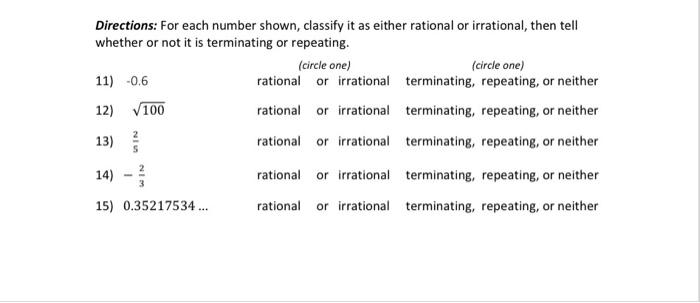 Solved Directions: For each number shown, classify it as | Chegg.com