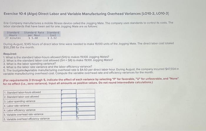Solved Exercise 10-4 (Algo) Direct Labor and Variable | Chegg.com