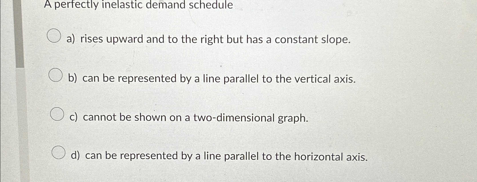 Solved A perfectly inelastic demand schedulea) ﻿rises upward | Chegg.com