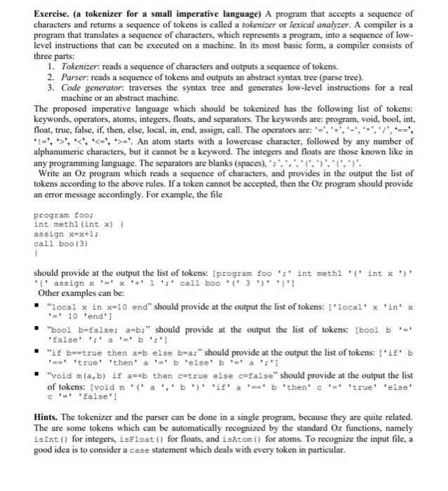 Solved Exercise. (a tokenizer for a small imperative | Chegg.com