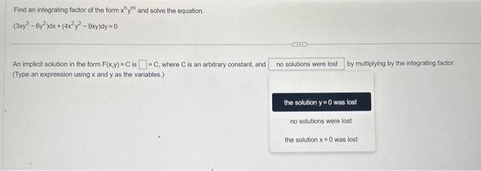 Solved Find an integrating factor of the form xnym and solve | Chegg.com