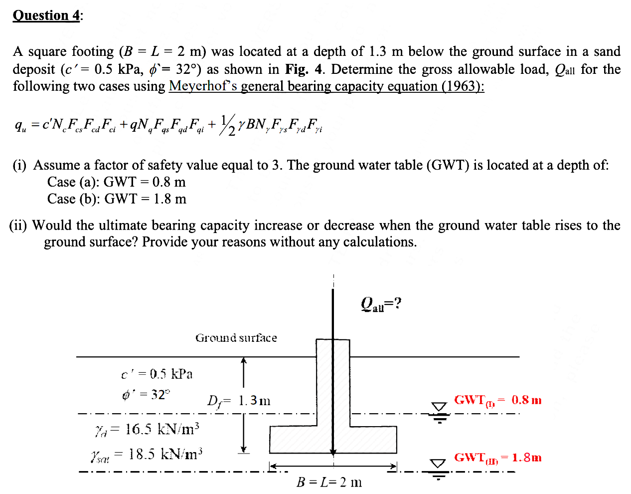 Solved Ouestion 4:A square footing (B=L=2m) ﻿was located at | Chegg.com